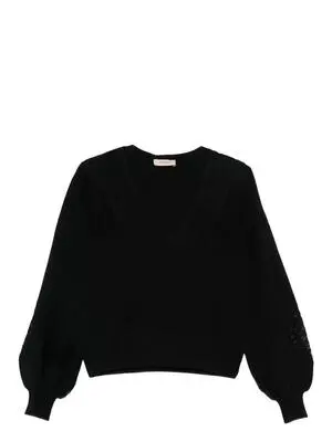 TWINSET Lace-trimmed V-neck Sweater - Black