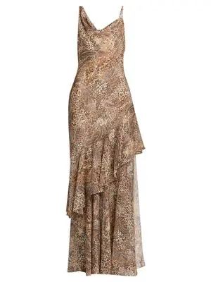 L'Agence Viola Leopard Paisley Silk Chiffon Gown - Brownblue
