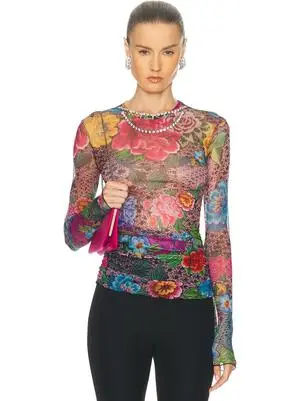 AREA Crystal Embellished Printed Tulle Top - Pink Multi