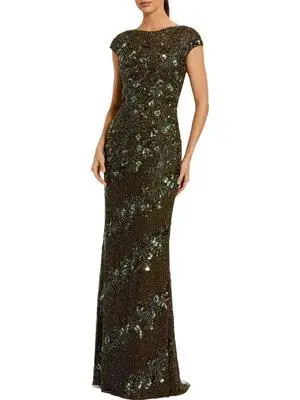 Mac Duggal Floral Embellished Cap Sleeve Column Gown - Olive