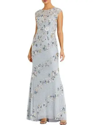 Mac Duggal Floral Embellished Cap Sleeve Column Gown - Powder Blue