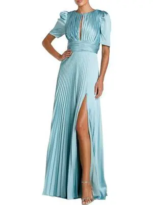 Mac Duggal Pleated Charmeuse Puff Sleeve Gown - French Blue