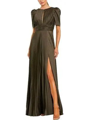 Mac Duggal Pleated Charmeuse Puff Sleeve Gown - Olive