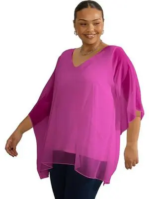LIVE UNLIMITED Chiffon V-neck Overlay Top - Magenta