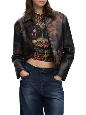 Desigual Faux Leather Cropped Jacket - Khaki