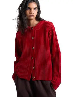 Topshop Ribbed Knit Cardigan - Red