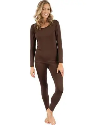 LEVERET Two-piece Thermal Long Sleeve Solid Pajamas Brown