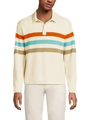 LANDS' END Long Sleeve Cotton Rugby Sweater Polo - Ivory Latte Multi Stripe