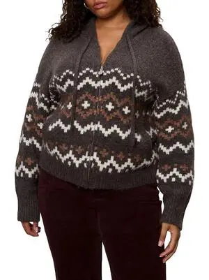 Sanctuary Fair Isle Zip-up Sweater Hoodie - Mocha Brown