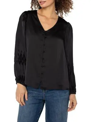 LIVERPOOL Pleated Long Sleeve Button-up Shirt - Black