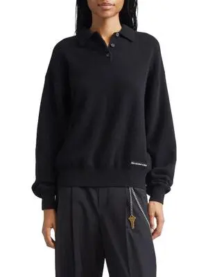 Alexander Wang Long Sleeve Wool Blend Polo Sweater With Logo Patch - Black
