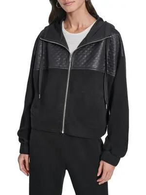 Dkny Mixed Media Zip-up Hooded Jacket - Black/black