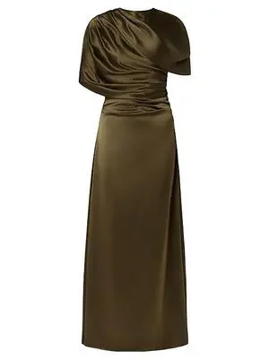MALINA Cassia One-shoulder Satin Maxi Dress - Olive