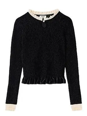 Sandro Smocked Ruffle-collar Stretch-woven T-shirt - Black / Ecru