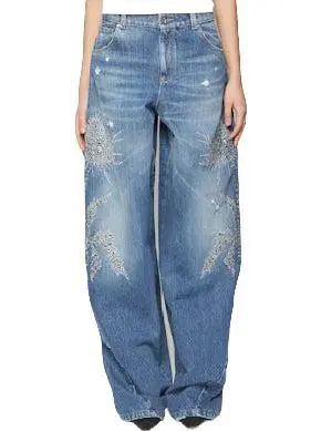 Blumarine Wide Leg Embellished Jeans - Peacoat/warm Sand