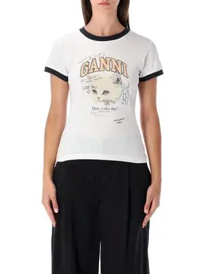 GANNI Cropped Kitty T-shirt - White