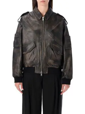 SWORD 6644 Leather Bomber Jacket - Vintage Black