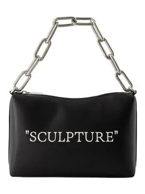 Off White Leather Shoulder Bag With Silver Tone Chain Strap - Black