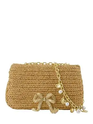 SELF-PORTRAIT Bow Charm Raffia Shoulder Bag - Brown