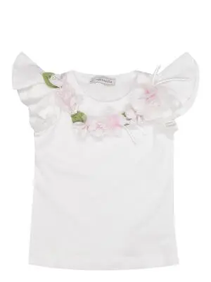 Monnalisa T-shirt With Fabric Flower Appliqués - Bianco+rosa