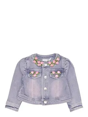 Monnalisa Denim Jacket With Rosette Detail - Denim+rosa