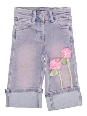 Monnalisa Denim Jeans With Rosette Appliqués - Denim+rosa
