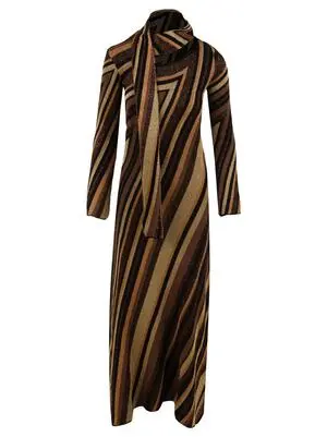 AKEP Striped Maxi Dress With Tie Neck - Multicolour