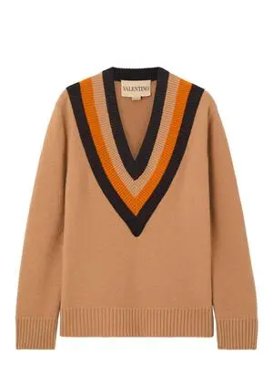Valentino Garavani Striped Wool V-neck Sweater - Brown