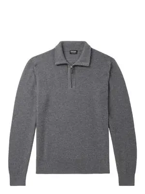 Zegna Leather-trimmed Oasi Cashmere Half-zip Sweater - Gray