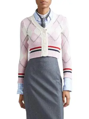 Thom Browne Argyle Intarsia Shrunken Virgin Wool Blend Cardigan - Light Pink