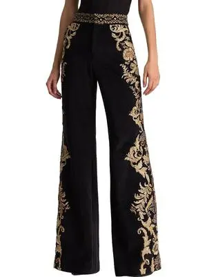 Alice + Olivia Dylan Embroidered Velvet Pant - Black