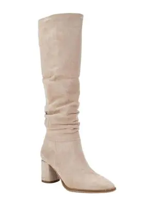 PROLOGUE SHOES Vianella Block Heel Knee High Boots - Beige Suede Faux Leather