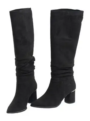 PROLOGUE SHOES Vianella Block Heel Knee High Boots - Black Suede Faux Leather
