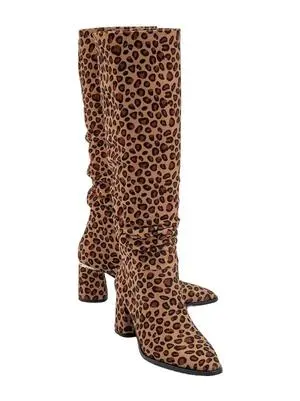 PROLOGUE SHOES Vianella Block Heel Knee High Boots - Leopard Faux Leather