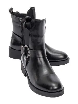 PROLOGUE SHOES Buckled Zip Ankle Boots - Black Faux Leather