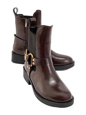 PROLOGUE SHOES Buckled Zip Ankle Boots - Burgundy Faux Leather