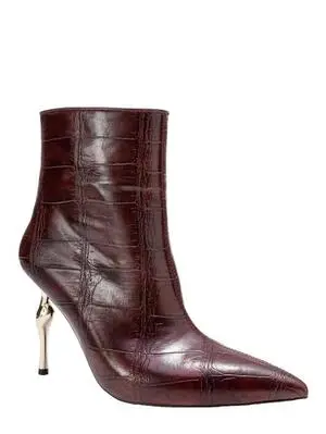 PROLOGUE SHOES Sculptural Pointed Toe Bootie - Burgundy Print Faux Leather