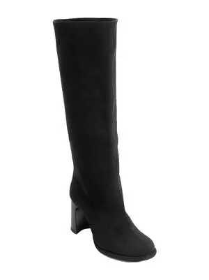 PROLOGUE SHOES Josette Knee High Block Heel Boots - Black Suede Faux Leather