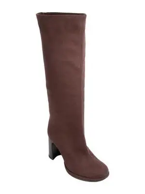 PROLOGUE SHOES Josette Knee High Block Heel Boots Brown Suede Faux Leather