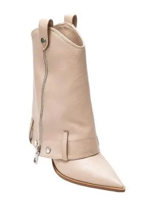 PROLOGUE SHOES Pointed Toe Heeled Boots - Beige Faux Leather