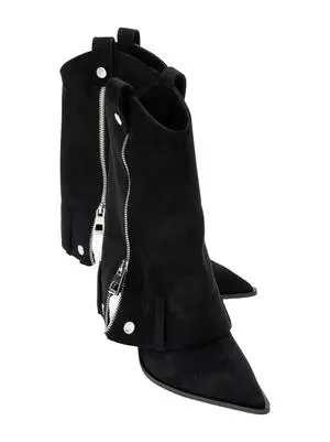 PROLOGUE SHOES Pointed Toe Heeled Boots Black Suede Faux Leather