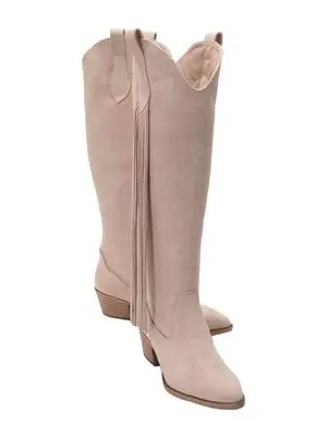 FOREVER & ALWAYS SHOES Rios Leather Fringe Knee High Boots - Beige Suede Leather
