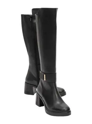 PROLOGUE SHOES Moreni Stretch Buckle Block Heel Knee High Boots - Black Stretch Faux Leather