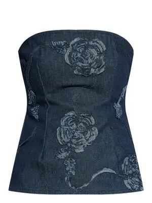 Remain Birger Christensen Floral Appliqué Denim Top - Navy Blue
