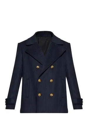 Balmain Pinstripe Wool Coat - Navy Blue