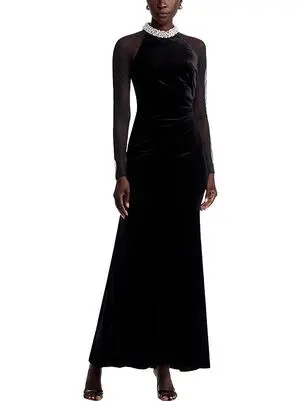 ELIZA J Necklace Collar Illusion Sleeve Velvet Gown