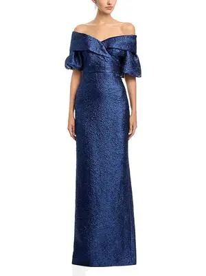 Rickie Freeman For Teri Jon Metallic Jacquard Puff Sleeve Gown - Sapphire