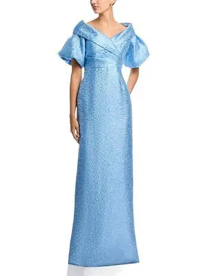 Rickie Freeman For Teri Jon Metallic Jacquard Puff Sleeve Gown - Sky Blue
