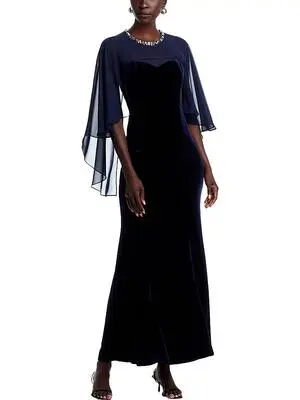 Eliza J Embellished Neck Cape Mermaid Gown - Navy