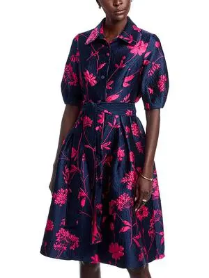 Rickie Freeman For Teri Jon Jacquard Puff Sleeve Dress - Navy Red